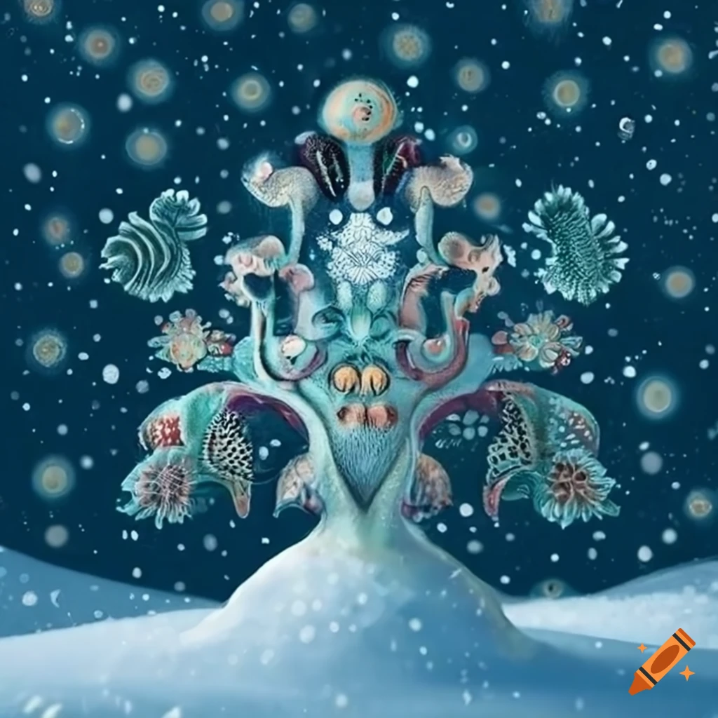 Illustration of cute creatures in falling snow