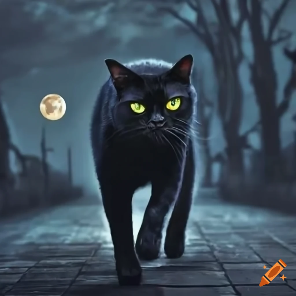 Hyper realistic art of a black cat crossing a haunted street on Craiyon