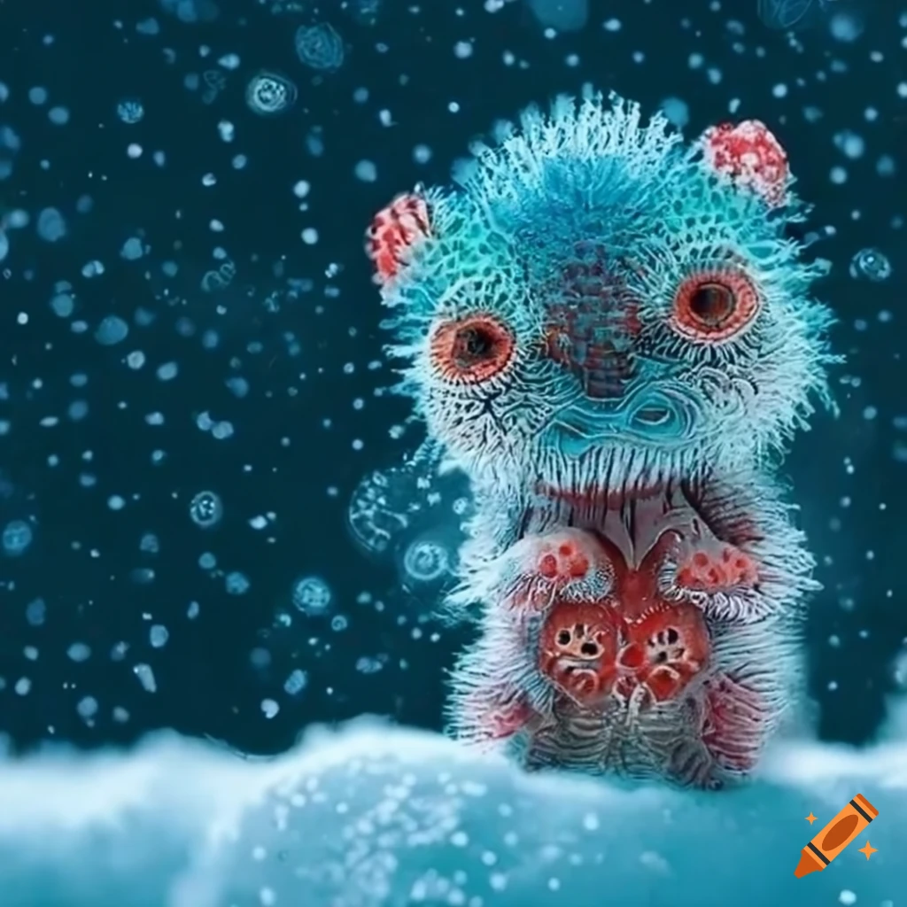Haeckel-inspired illustration of cute creatures in the snow on Craiyon