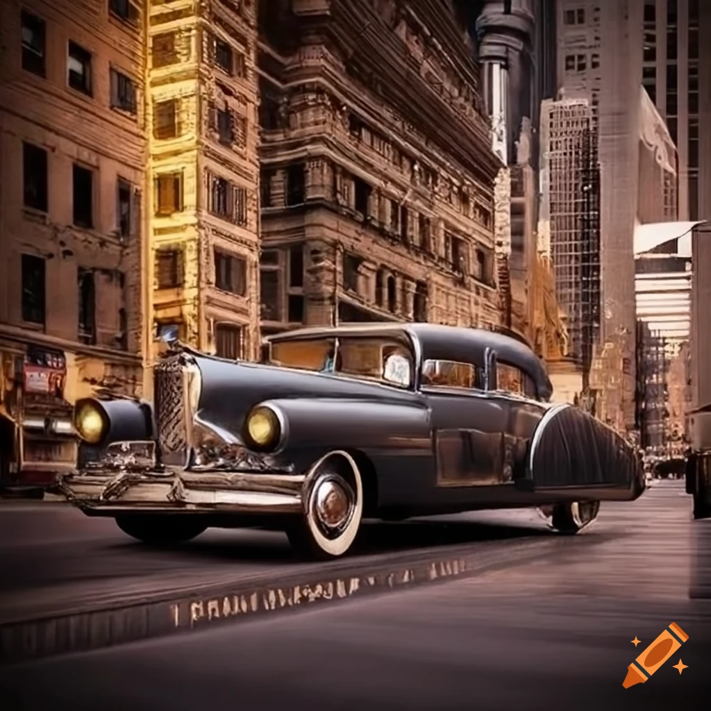 Photo-realistic steampunk cityscape with art-deco cars