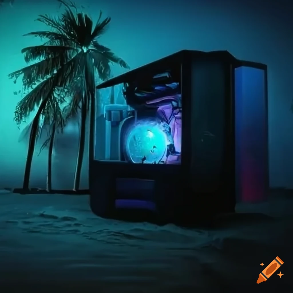 Person playing pc games at the beach on Craiyon