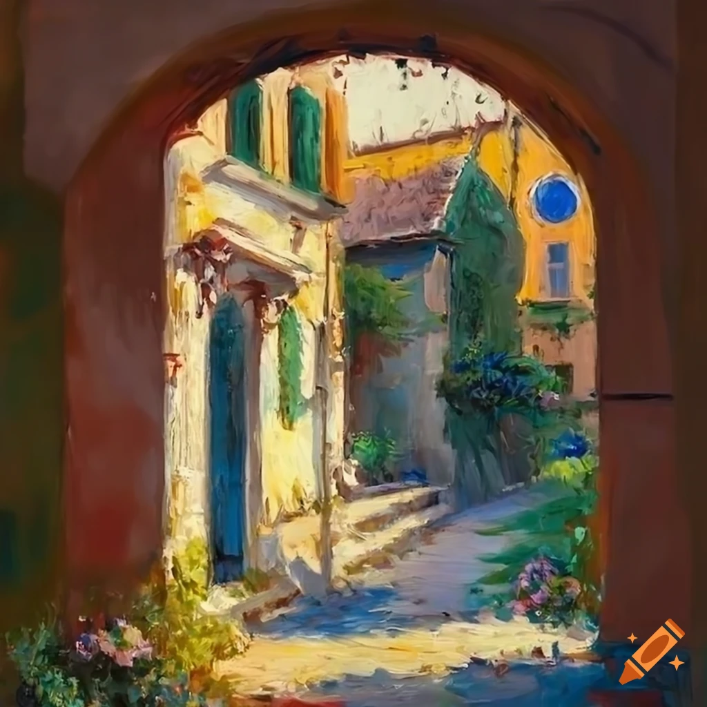 Impressionist painting of a small italian house with beautiful ...