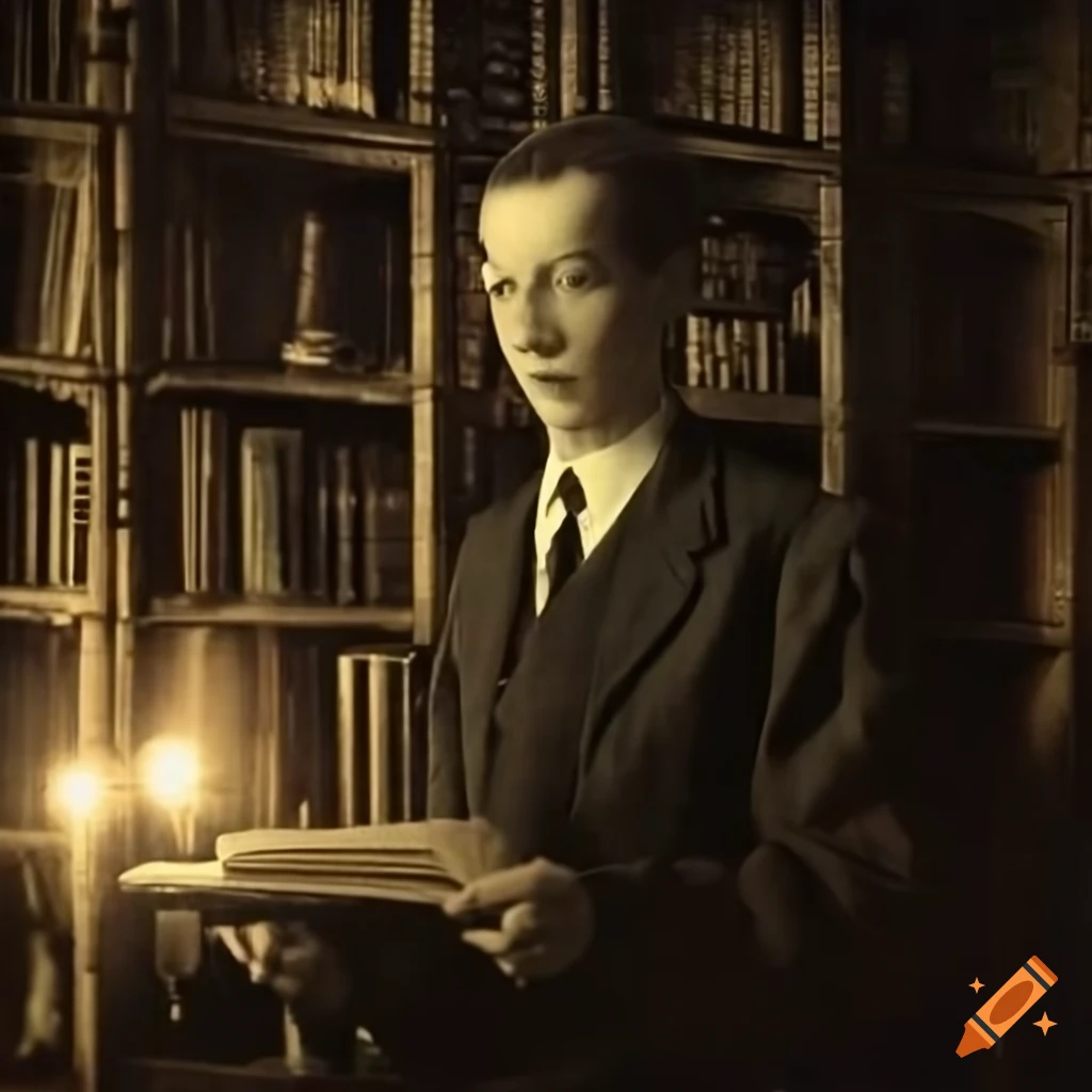 Portrait of a young british history professor in a dark library on Craiyon