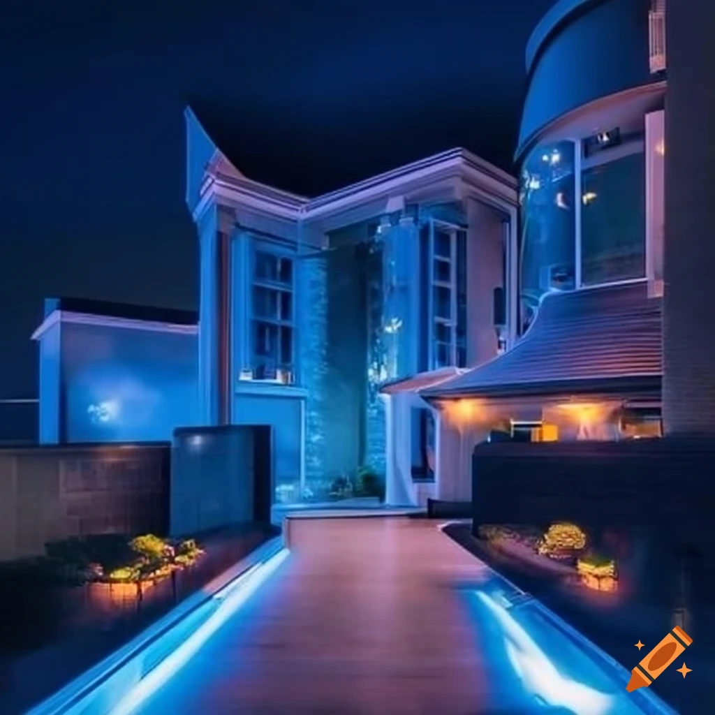 Impressive modern mansion with city lights at night