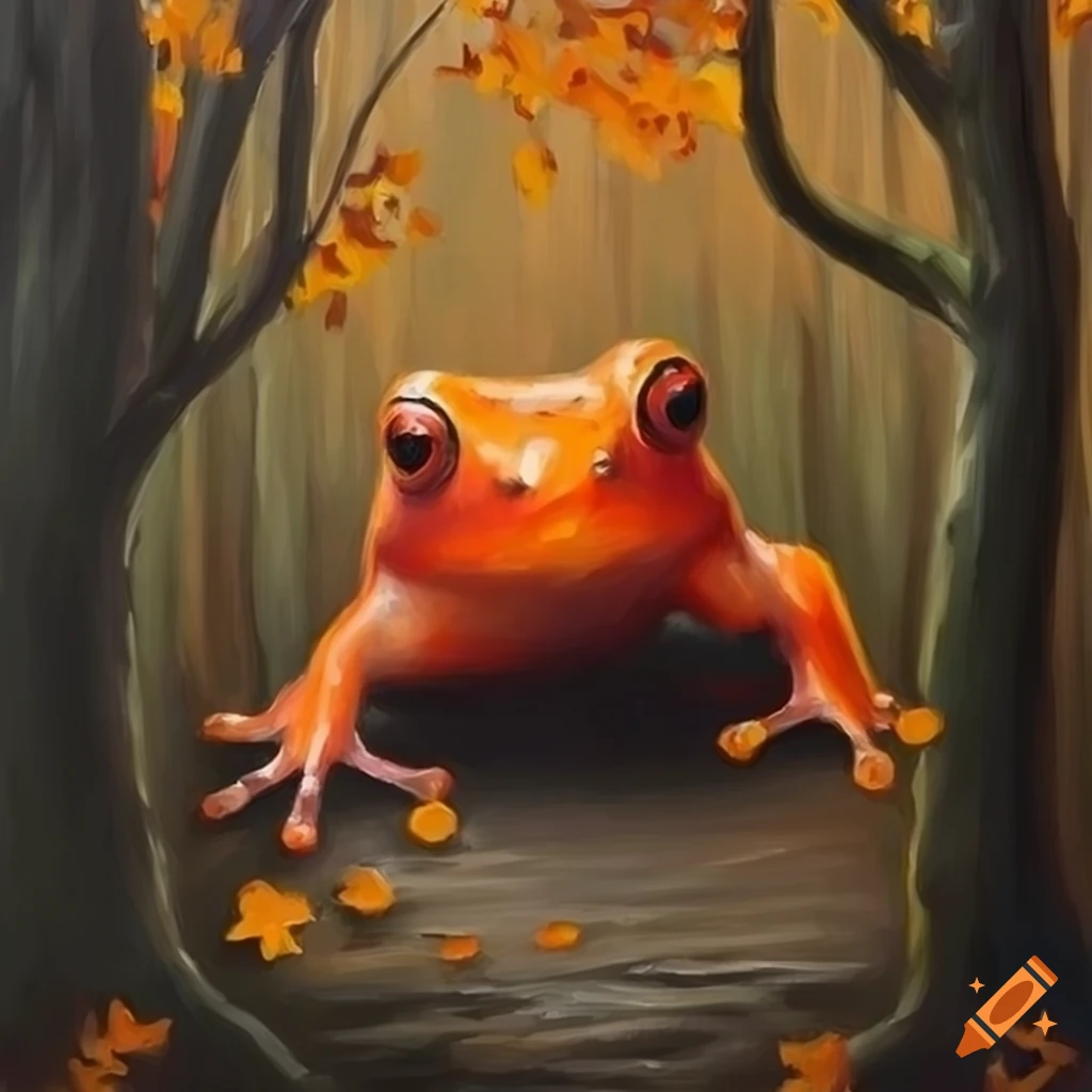 Dark and scary oil painting with an orange frog