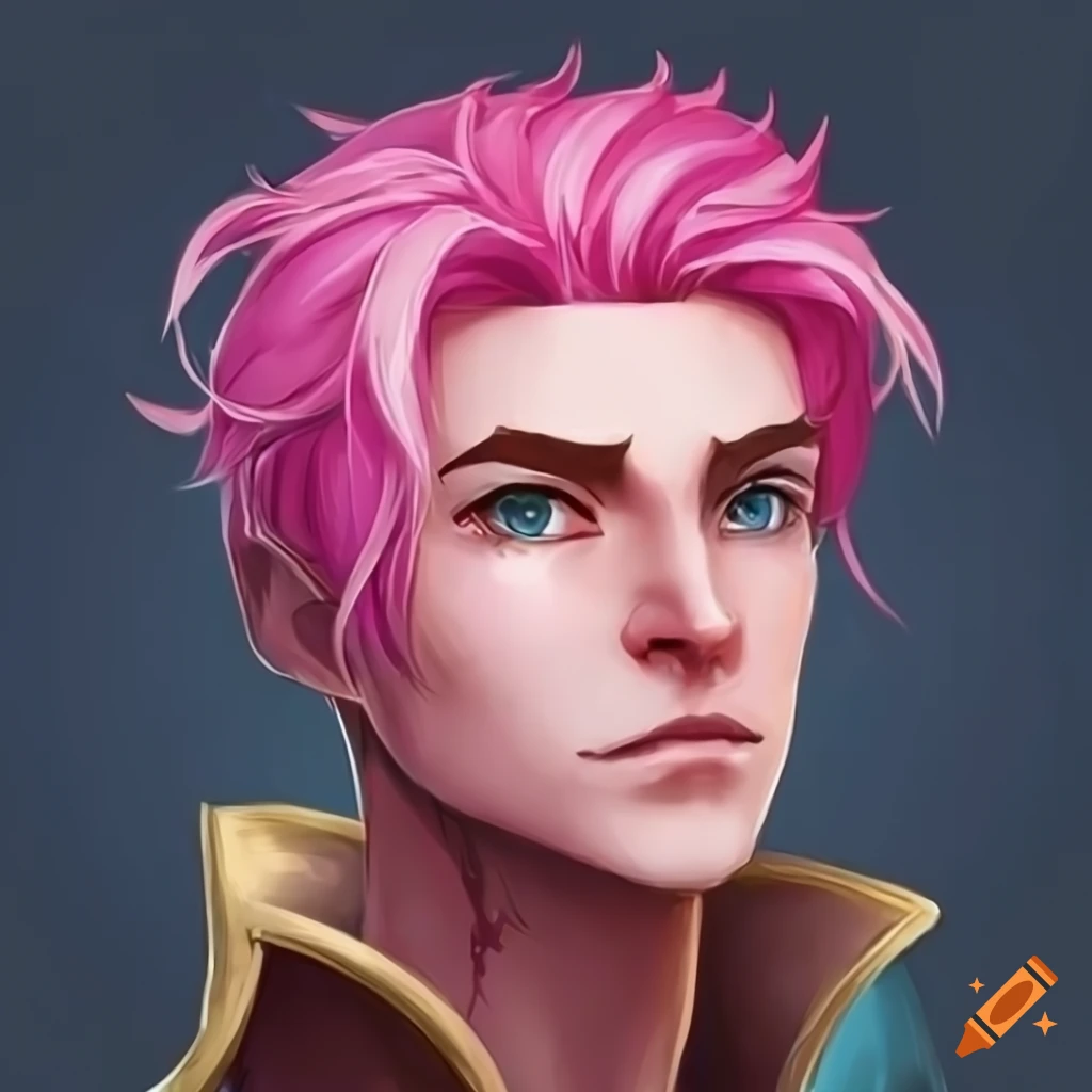 Headshot of a male mage with pink hair