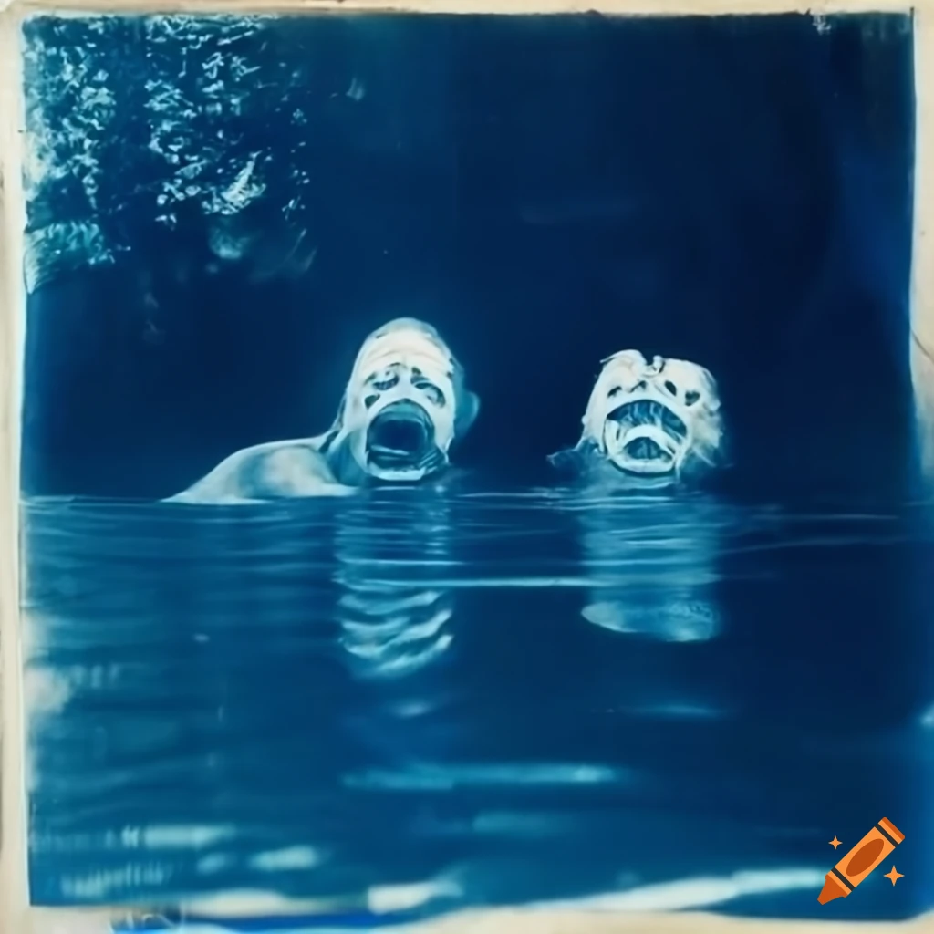 Cyanotype of cult members swimming in a river on Craiyon