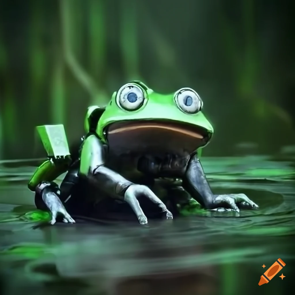 Mechanical frog with plasma rifle in a swamp on Craiyon