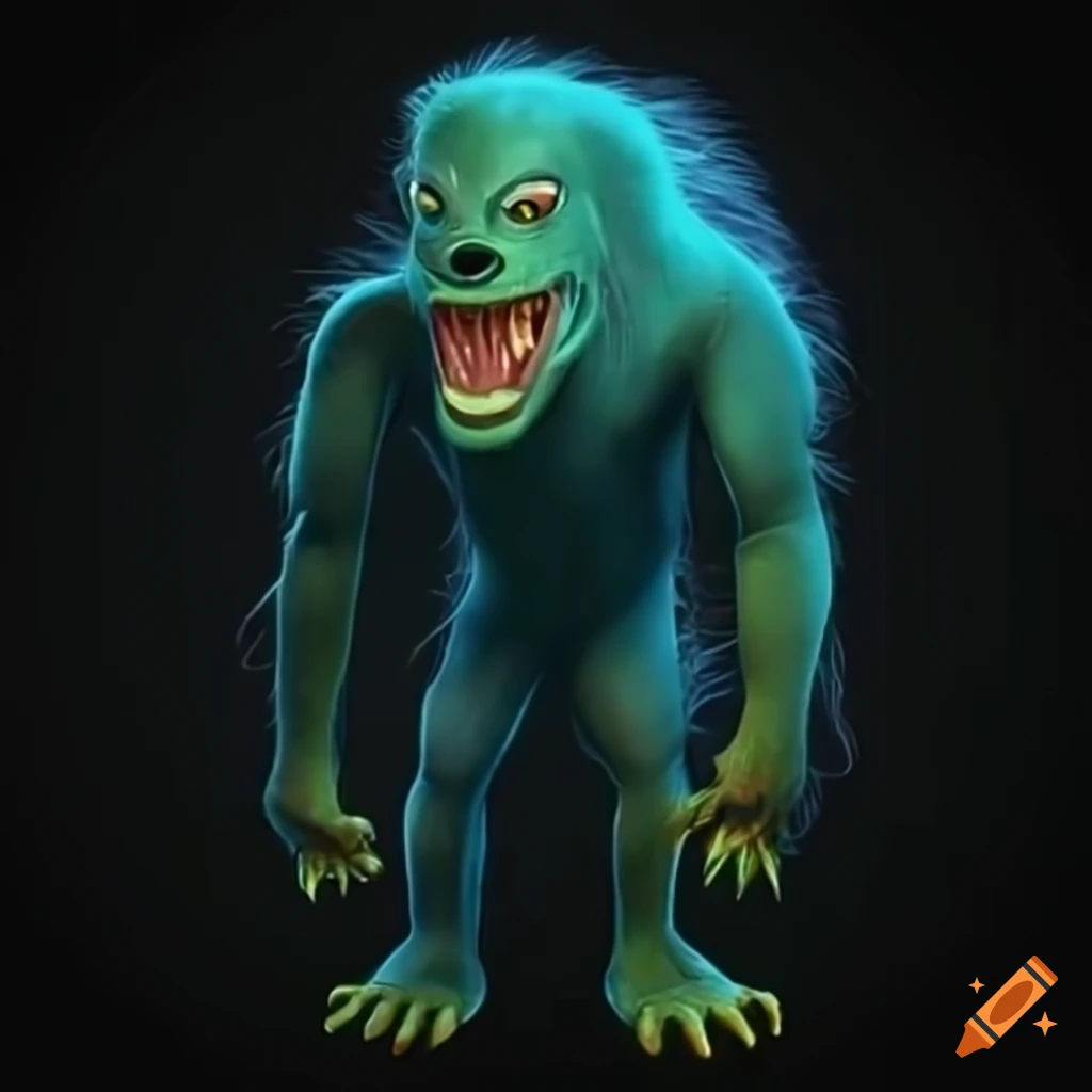 Illustration of a fierce monster with glowing eyes and sharp teeth on Craiyon