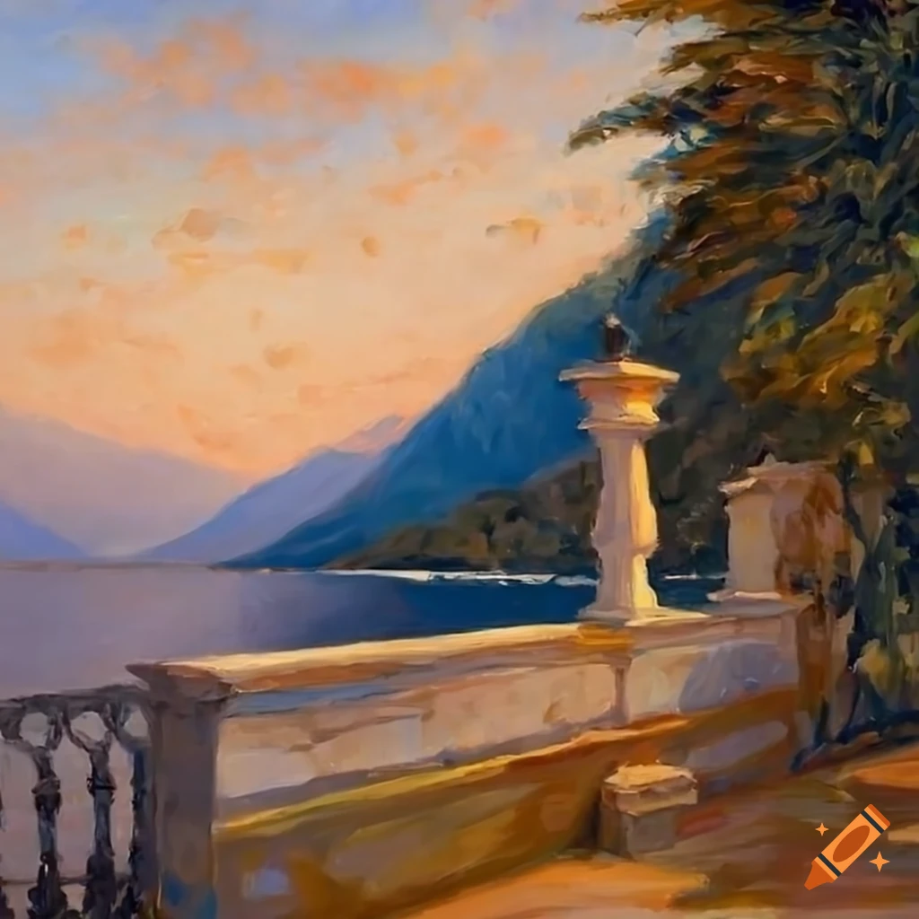 Impressionist painting of a charming patio overlooking Lake Como on Craiyon