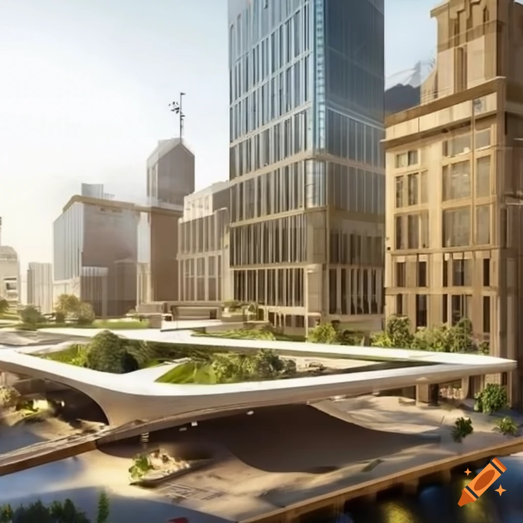 Eco-friendly plaza with architectural elements on Craiyon