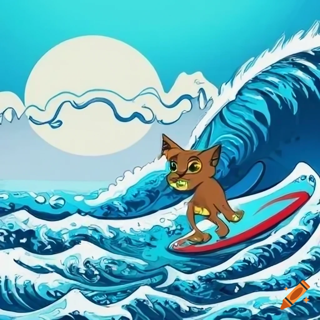 Cartoon art of a cat surfing on ocean waves