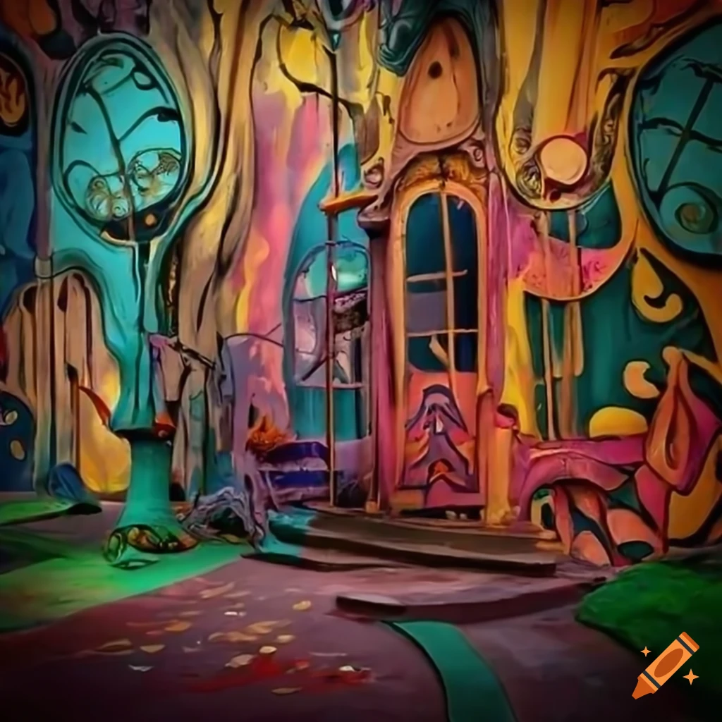 Surreal image of a circus park with hybrid creatures and graffiti on ...
