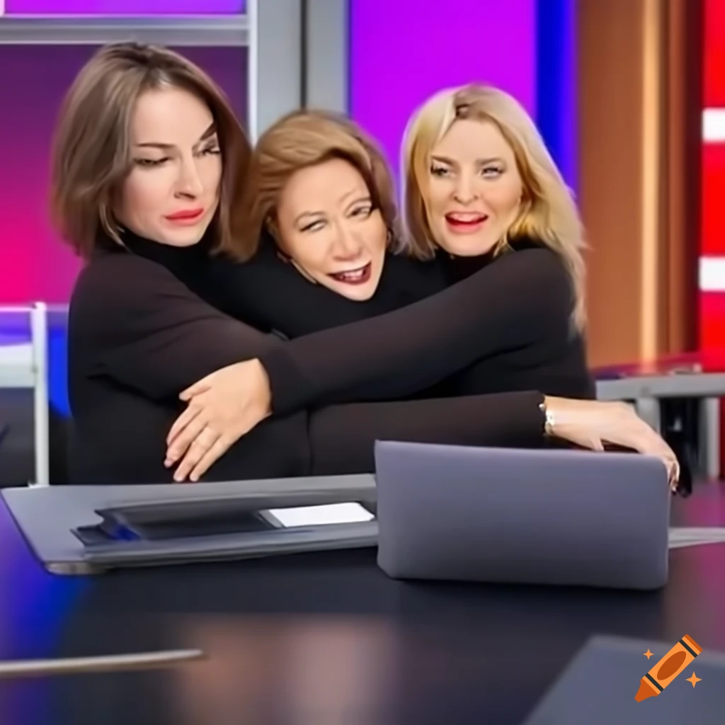 Two women from Fox News sitting together at the news desk on Craiyon