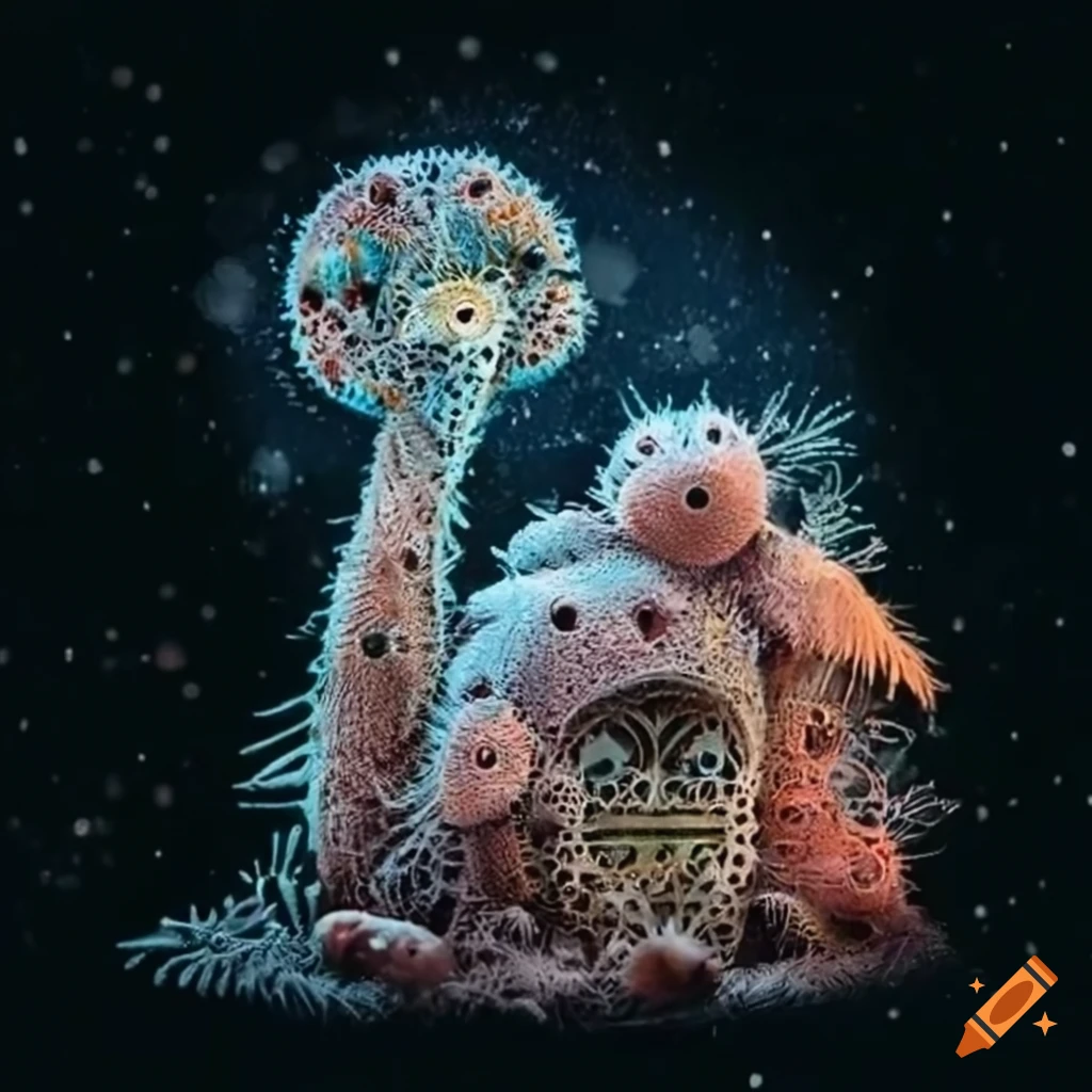 Haeckel-inspired artwork of cute creatures in the snow on Craiyon
