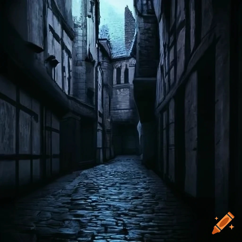 Image of a dark medieval alley with tall tudor buildings on Craiyon