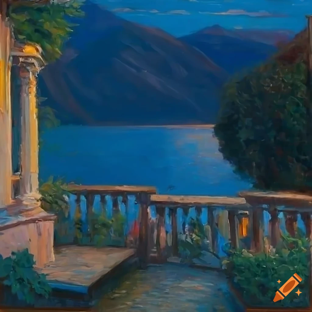 Impressionist painting of a patio overlooking Lake Como on Craiyon