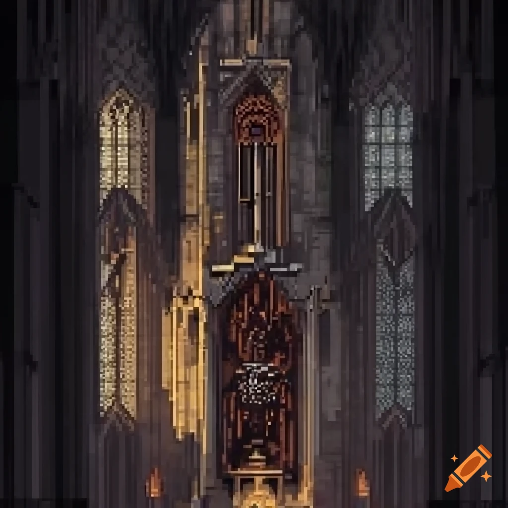 Pixel art depiction of a gothic church on Craiyon
