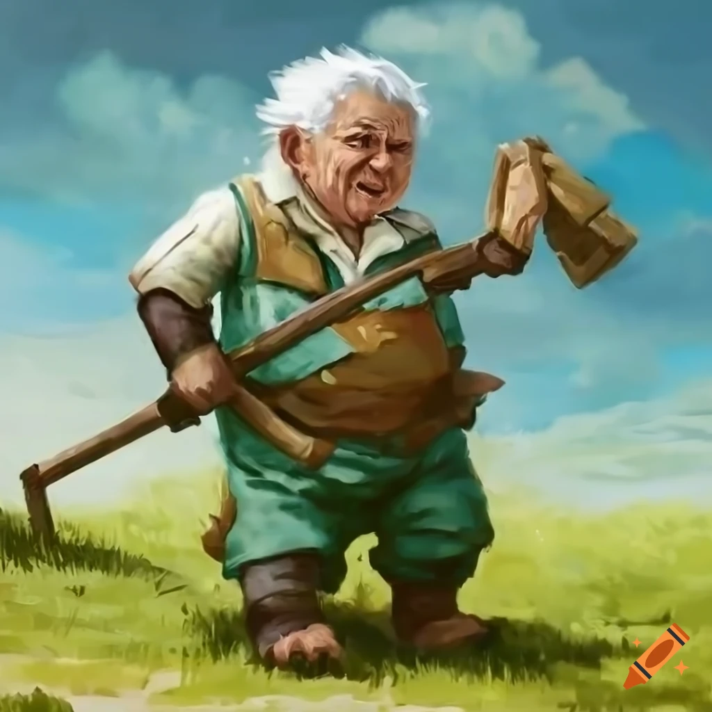 Illustration of a chubby elderly halfling farmer on Craiyon