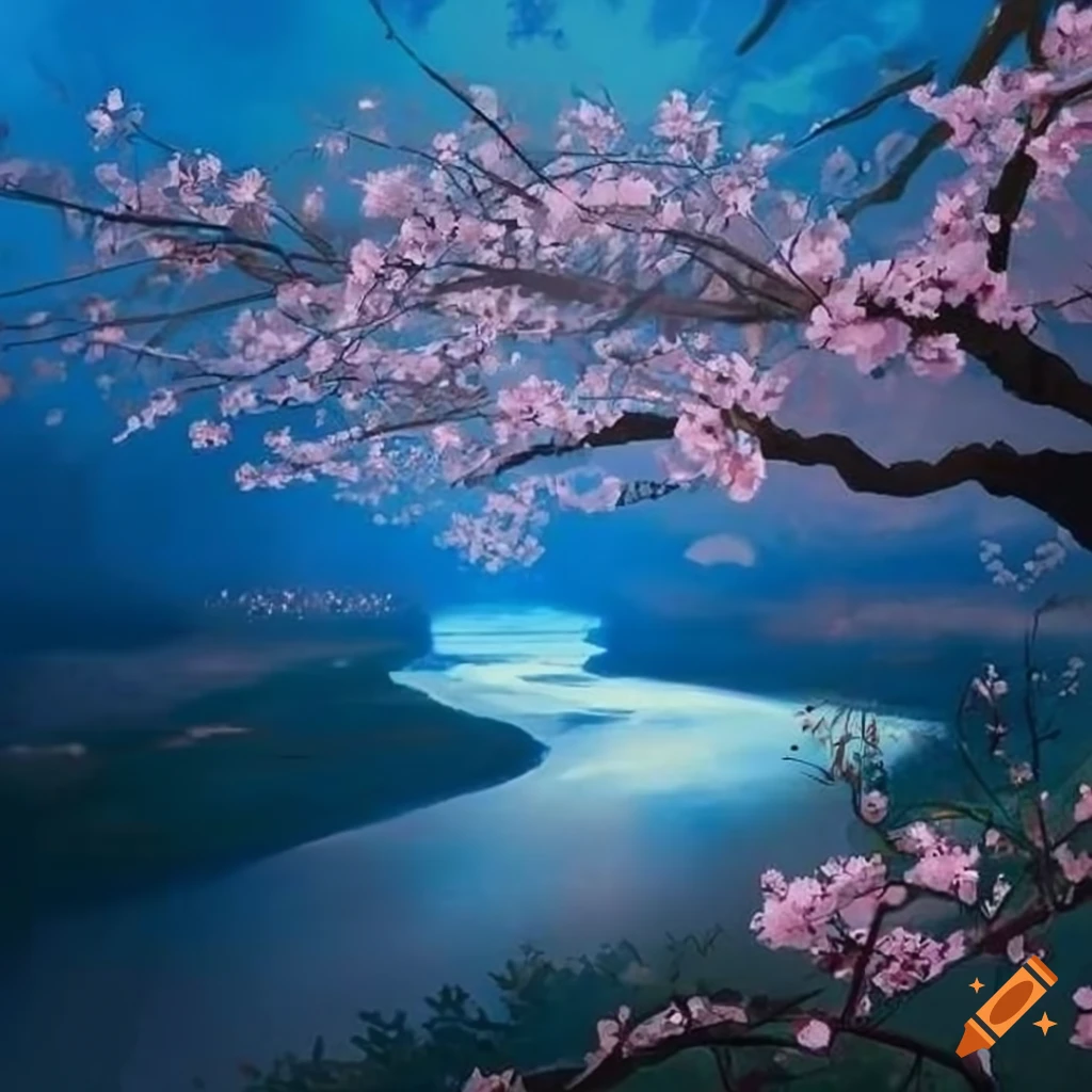 Sakura landscape with a couple under the trees on Craiyon