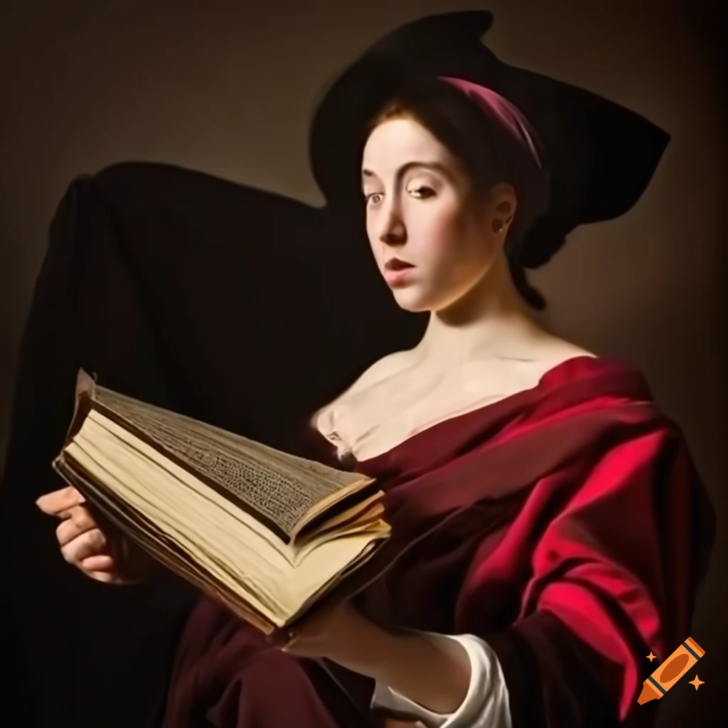 Caravaggio-style portrait of a young woman holding an old book on Craiyon