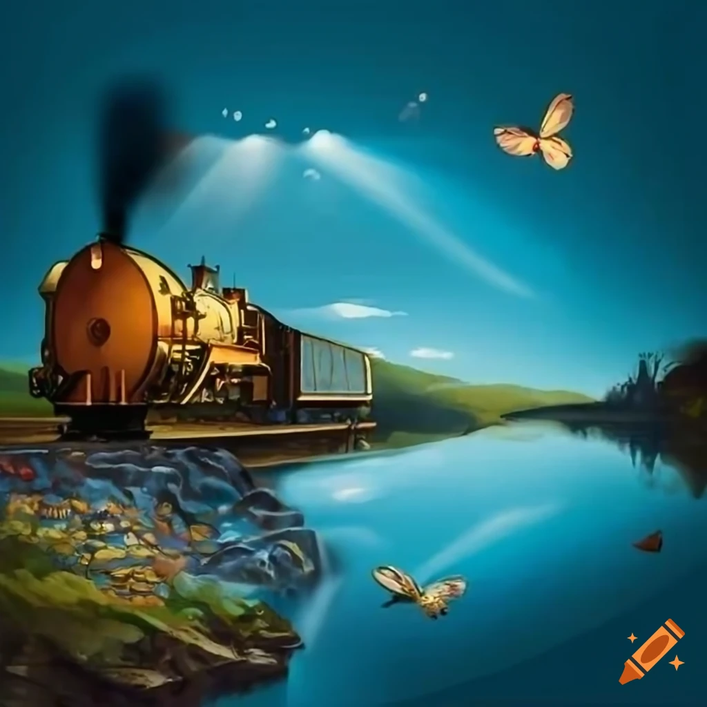 Scenic landscape with waterfall, fish, bees, butterflies, and steam ...