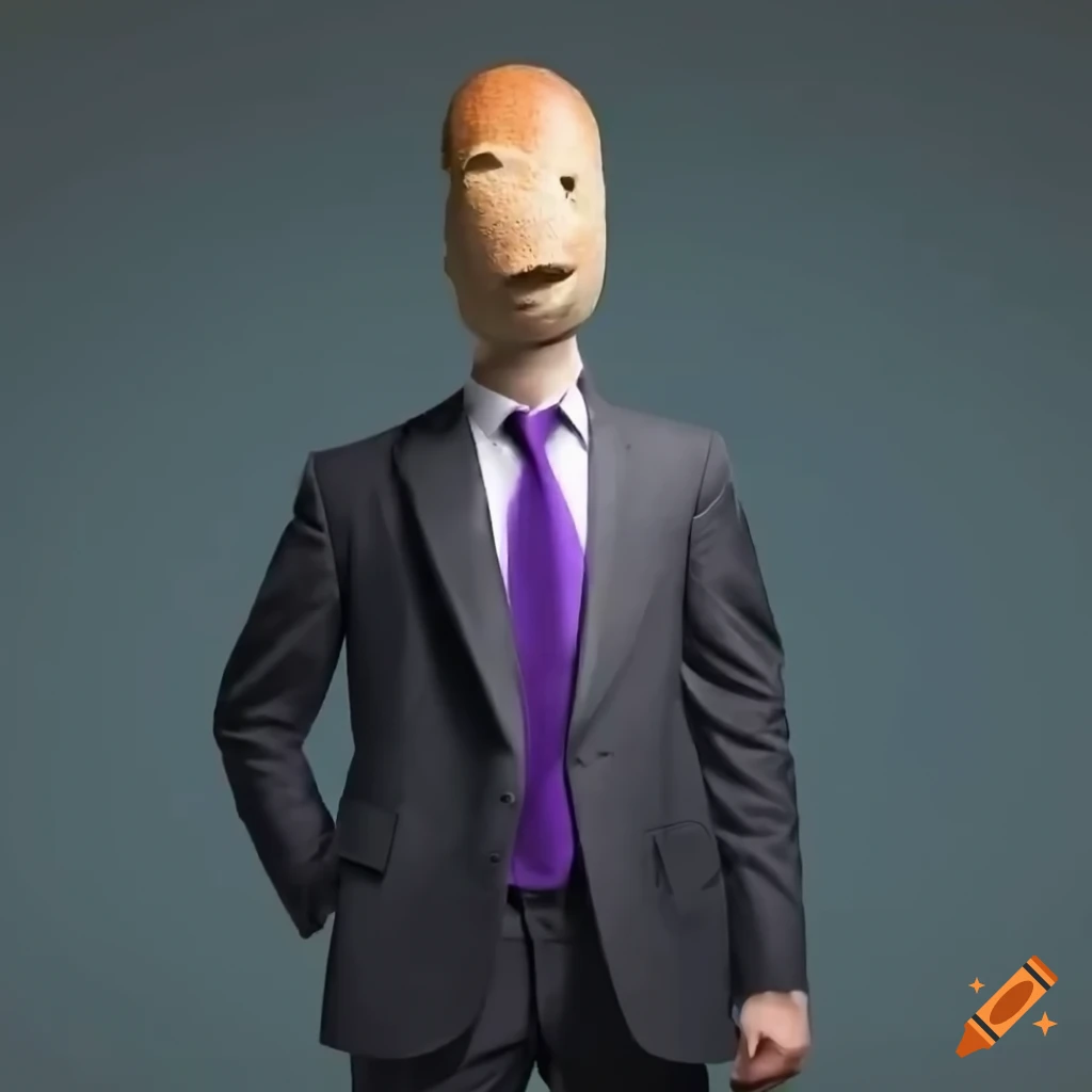 Man wearing a suit with a loaf of bread for head