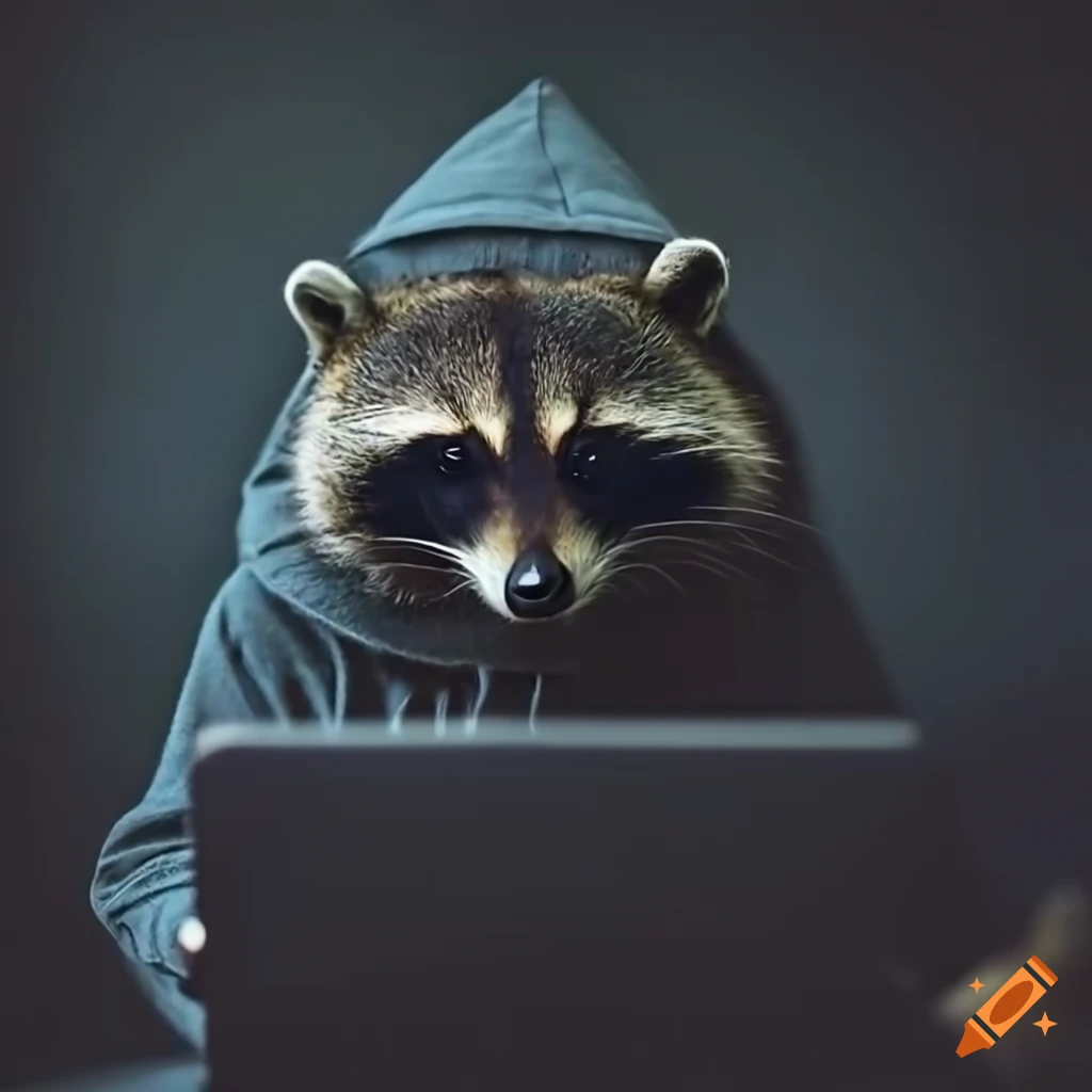 Depressed raccoon in hoodie using a laptop on Craiyon