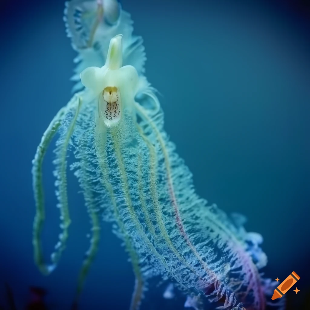 Dark blue underwater background with wild orchid sea creature on Craiyon