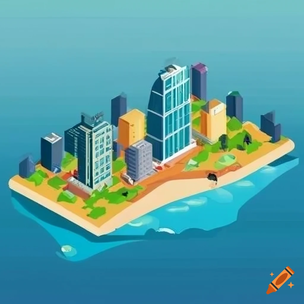 Vectorized illustration of a city with a beach on Craiyon