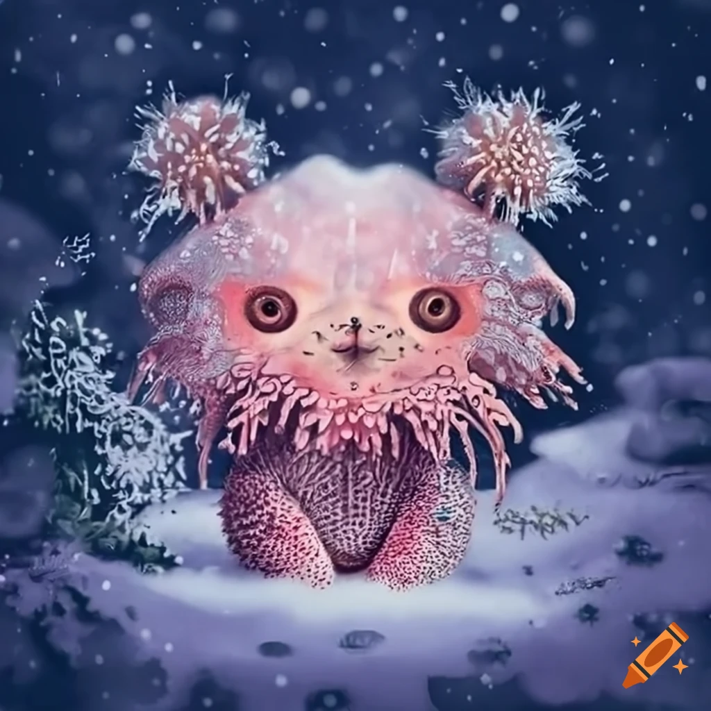 Illustration of cute creatures in falling snow on Craiyon