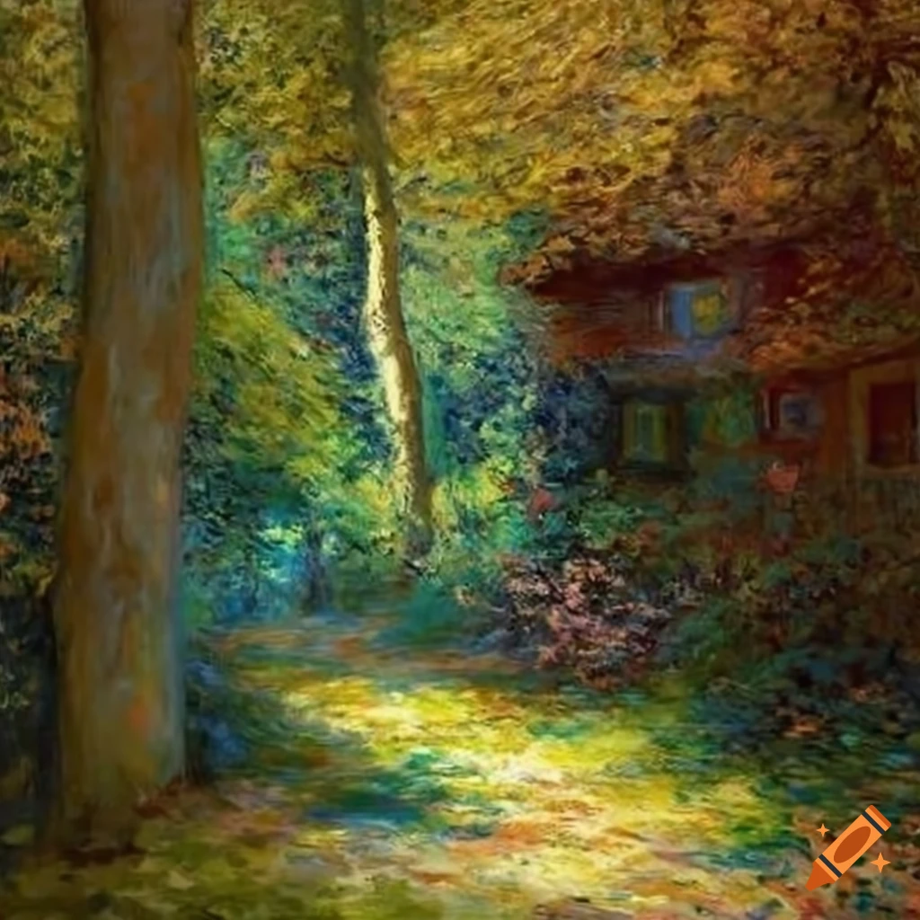 Monet-style artwork of a cozy woodland cottage on Craiyon