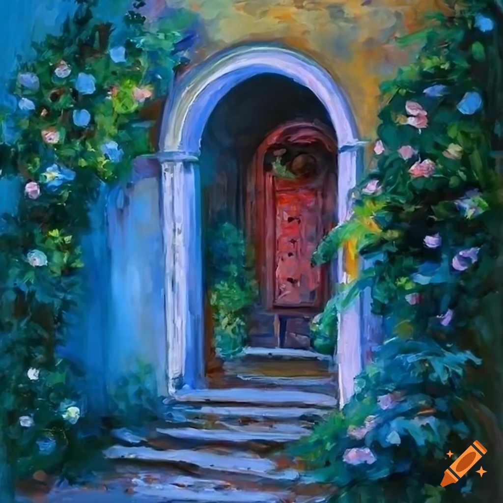 Impressionist painting of a charming italian house with courtyard on ...