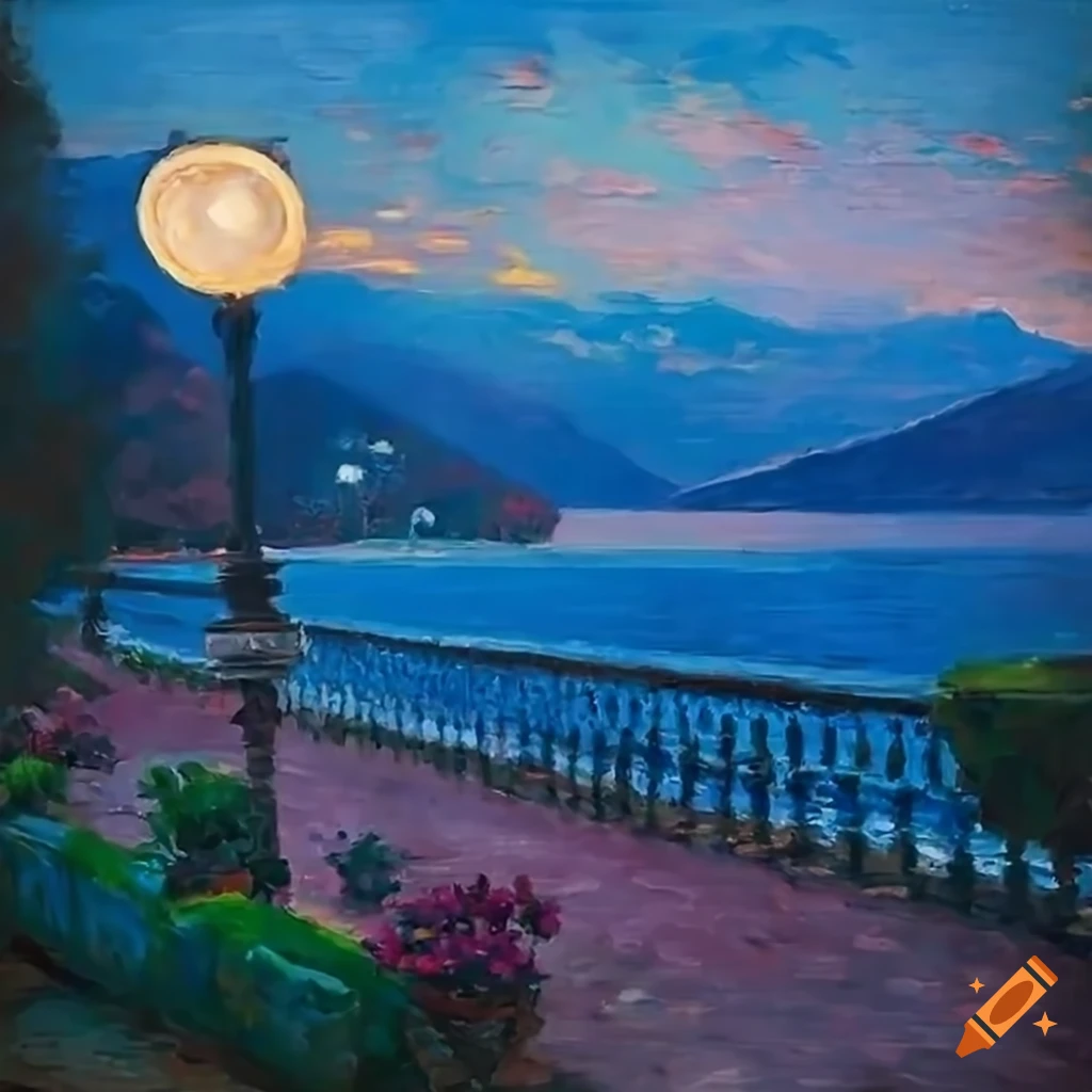 Impressionist painting of a charming patio overlooking lake como on Craiyon