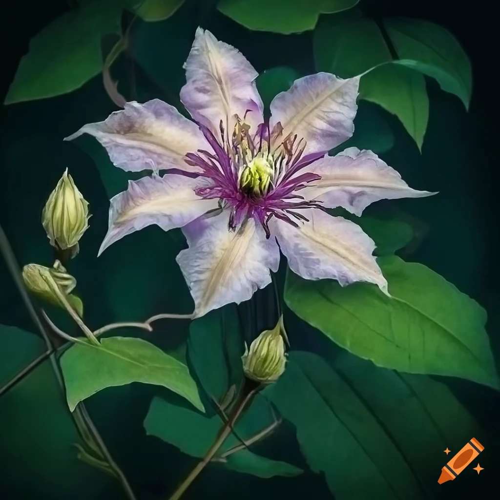 Intricate drawing of a clematis flower with beautiful lighting