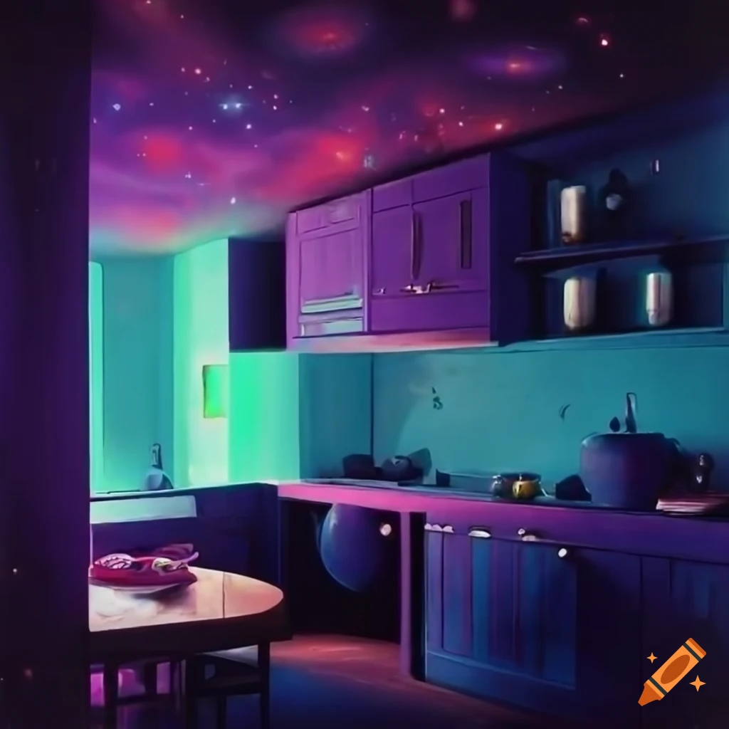 Cosmic-inspired kitchen with neon painted walls on Craiyon
