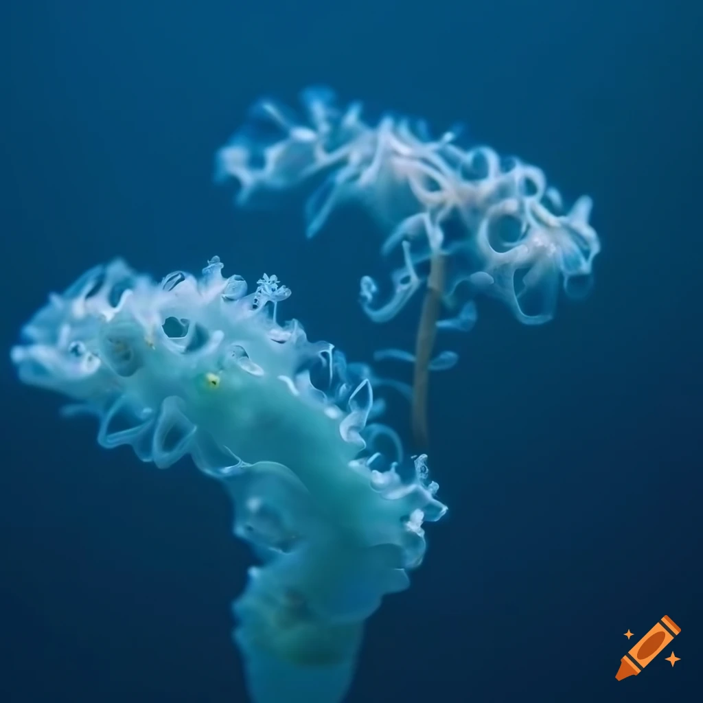 Wild orchid sea creature in a dark blue underwater scene on Craiyon
