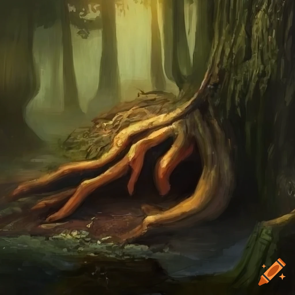 Painting of detritus near a tree trunk on Craiyon