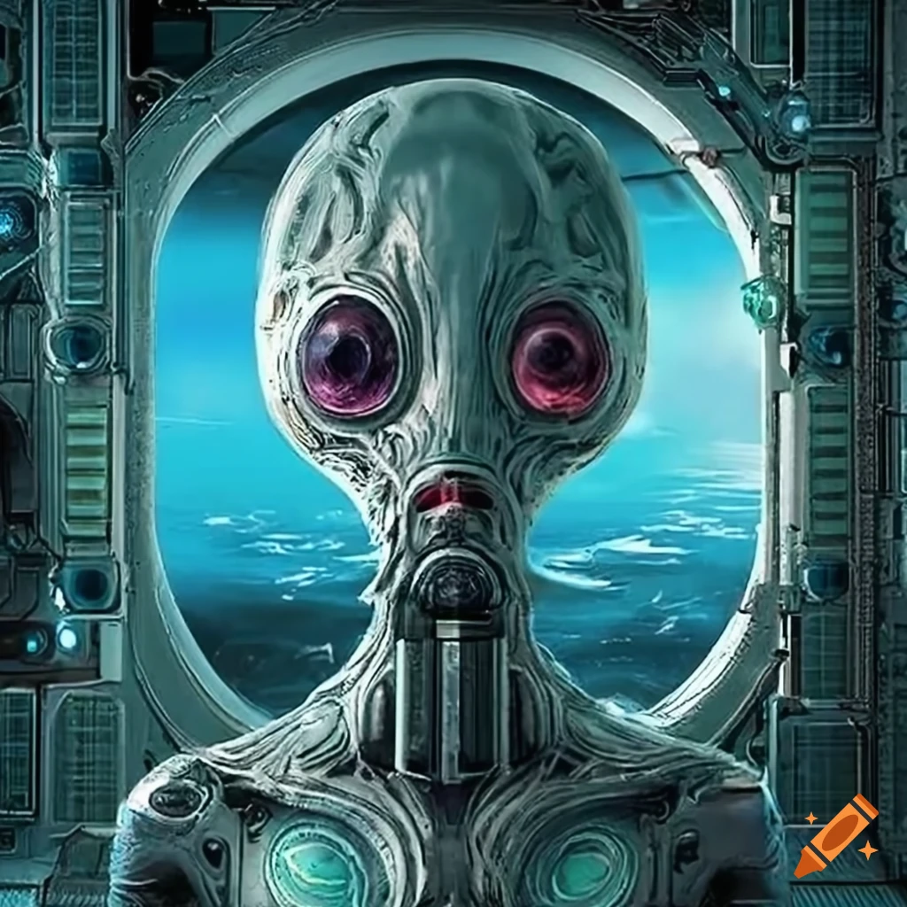 Surrealist alien spaceship machine in front of computer boards on Craiyon