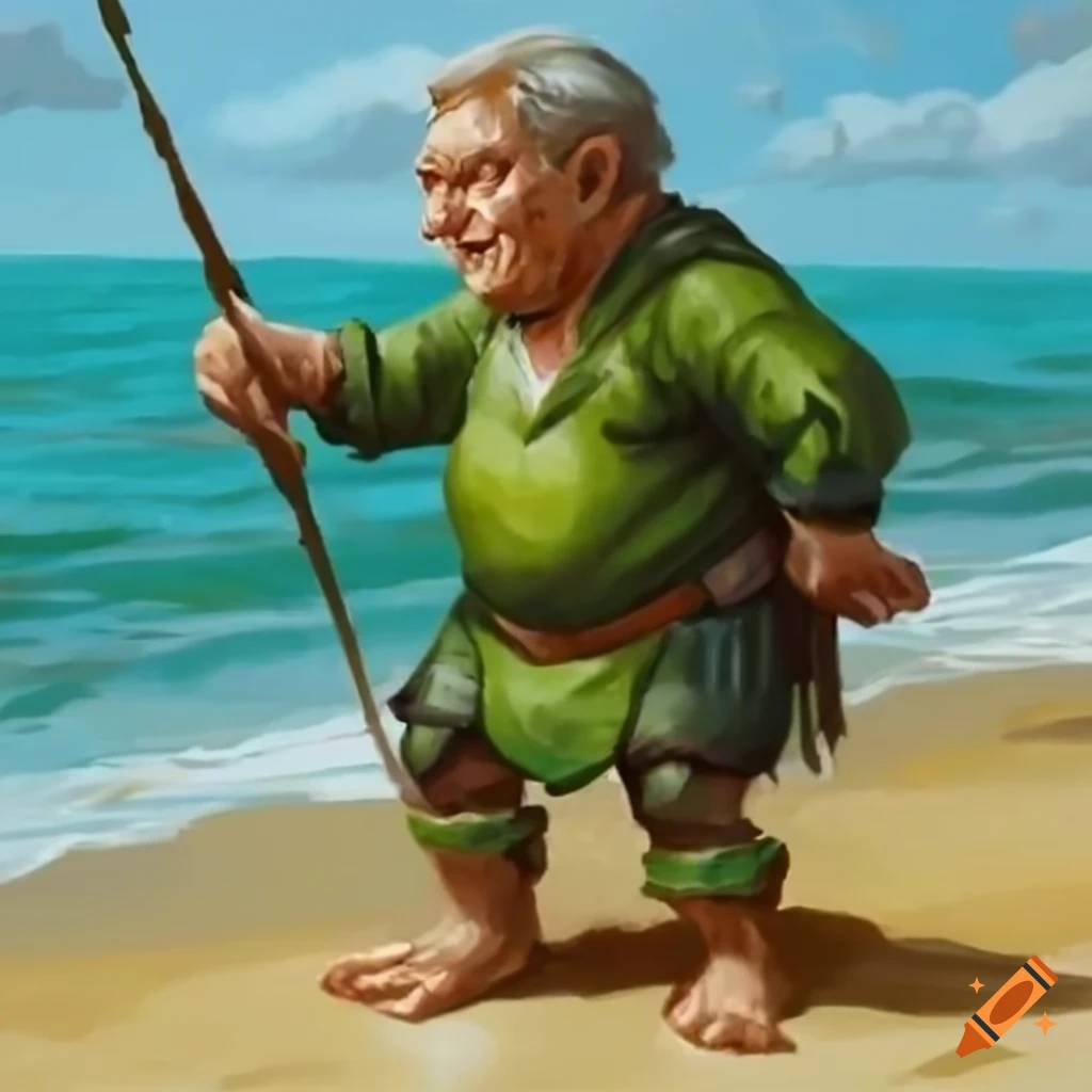 Elderly halfling male on the beach on Craiyon