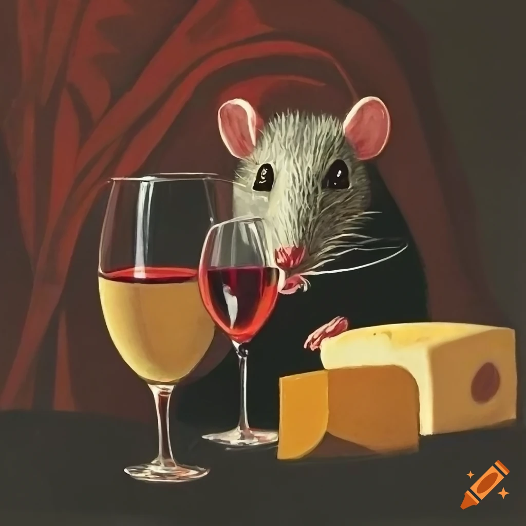 Painting of a rat with a wine glass and cheese