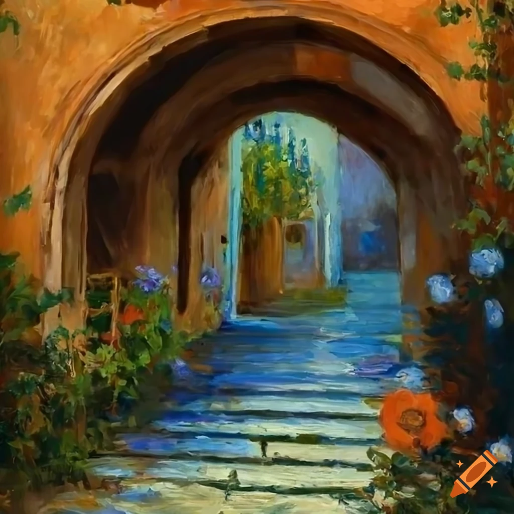 Impressionist painting of a charming italian house with a courtyard