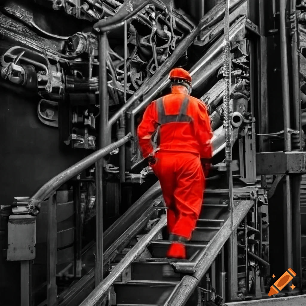 Industrial worker descending metal staircase into machinery-filled ...