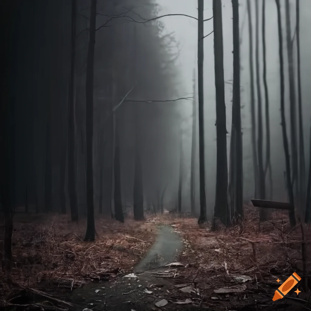 Detailed image of an abandoned city in a gloomy forest on Craiyon