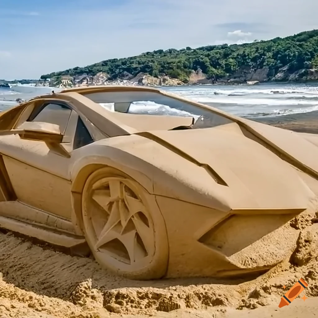 Sand sculpture of a classic 1970s cadillac hearse on a beach on Craiyon