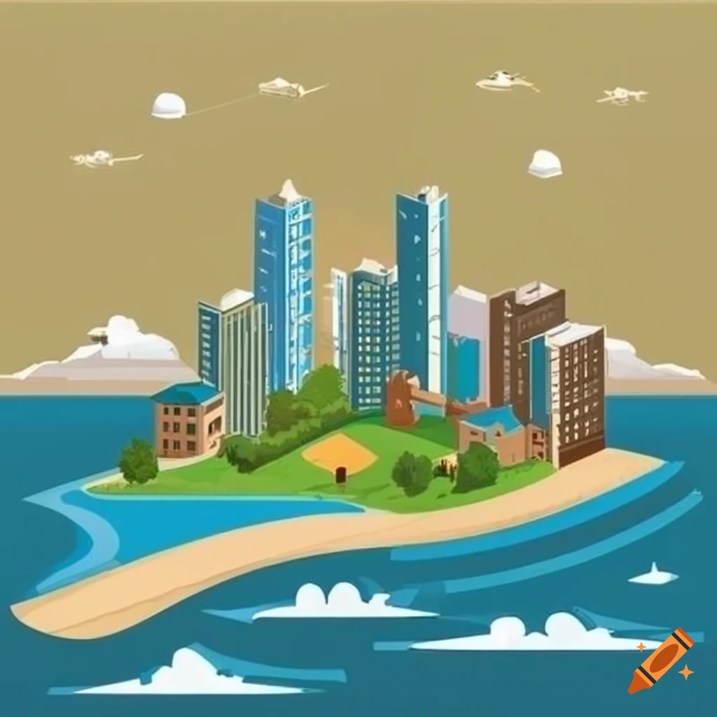 Vectorized illustration of a city with a beach on Craiyon