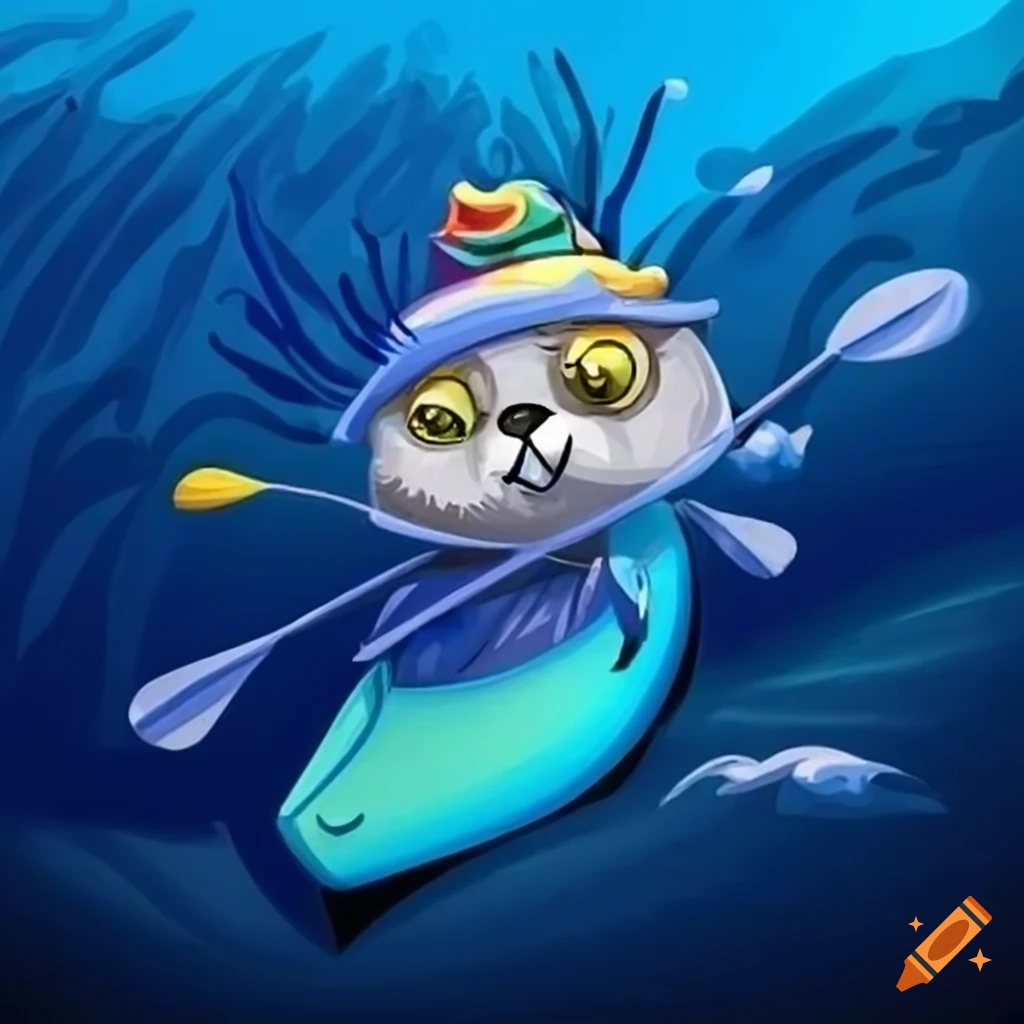 Cartoon art of a cat in a kayak on the ocean