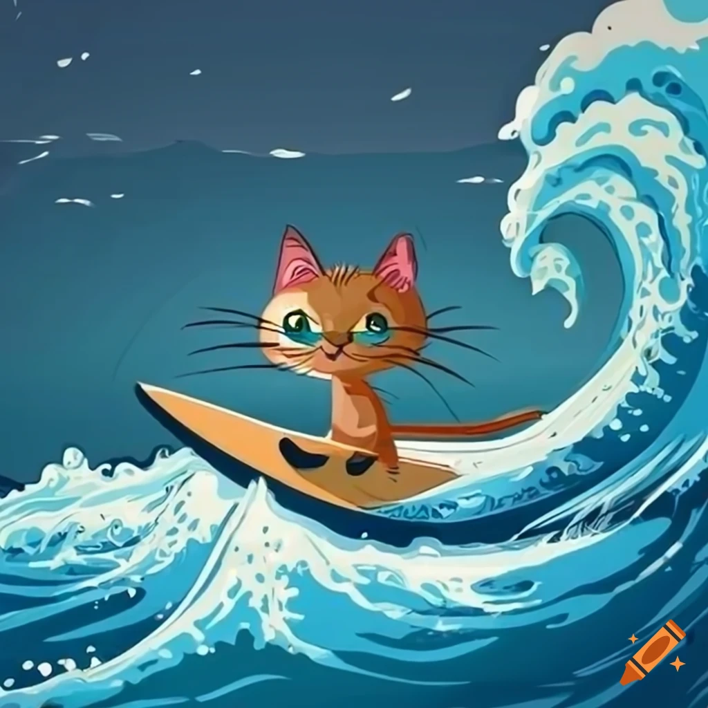 Cartoon art of a cat surfing waves on Craiyon