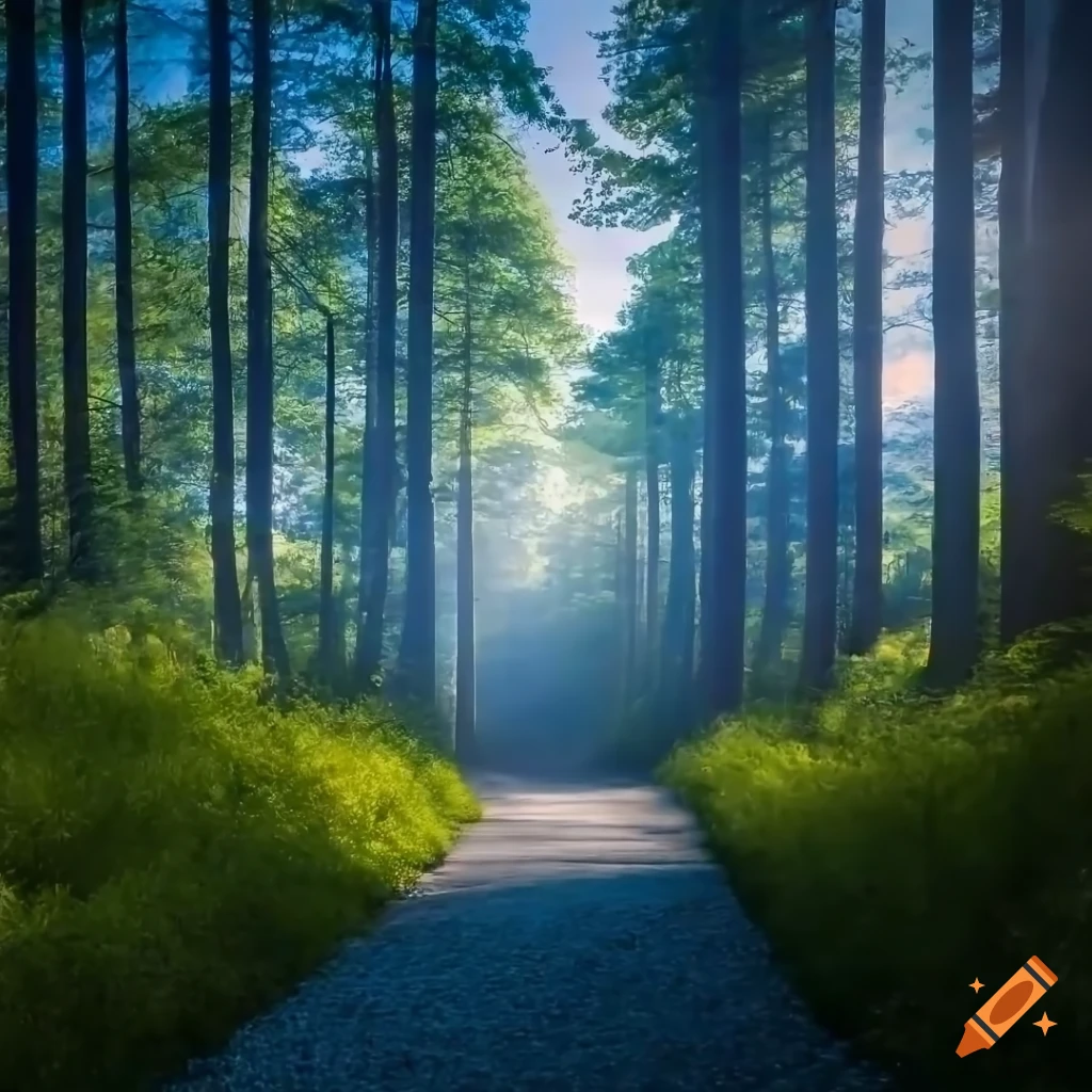 Sunny forest landscape with gravel road on Craiyon