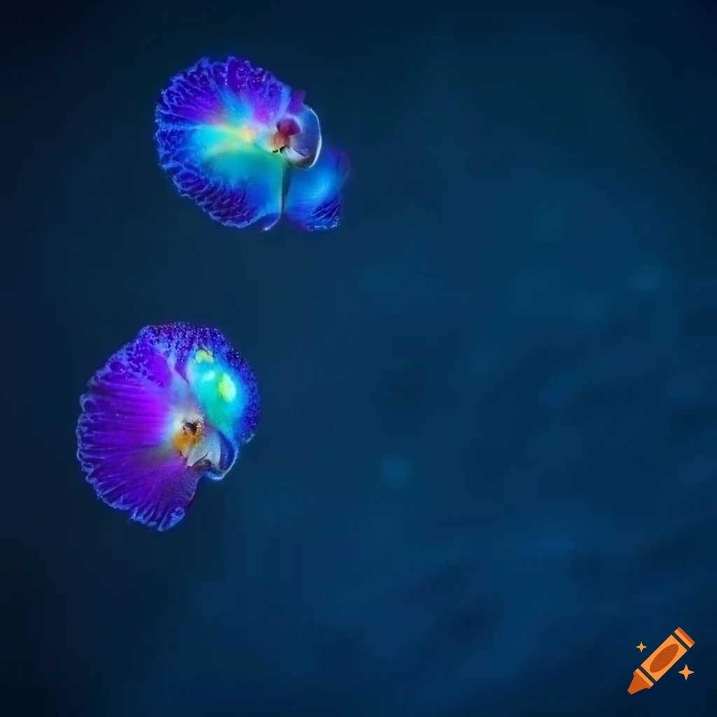 Iridescent sea creature in a dark blue underwater scene on Craiyon